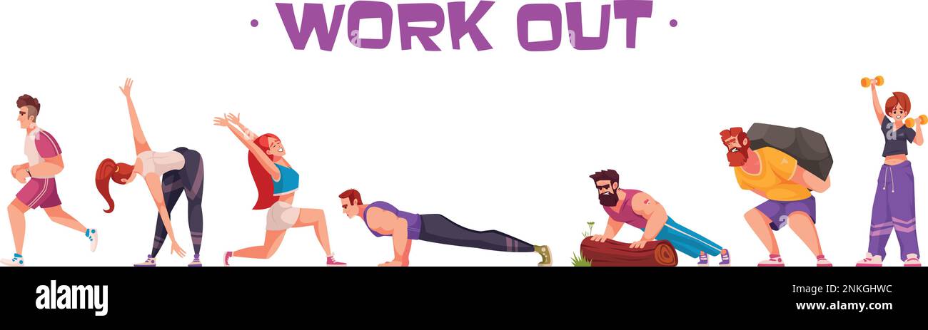 Workout cartoon icons set with males and females doing sports isolated ...
