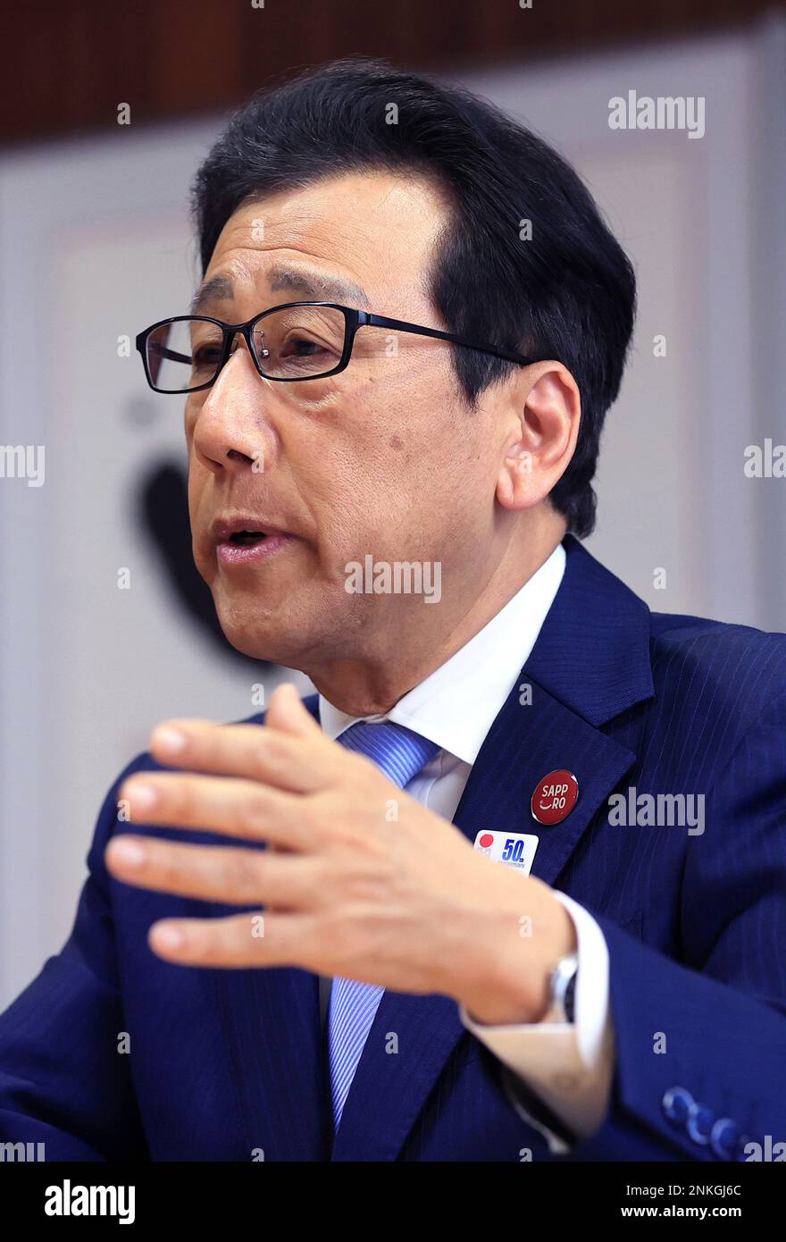 Sapporo City Mayor Katsuhiro Akimoto speaks during an interview in Sapporo City, Hokkaido ...