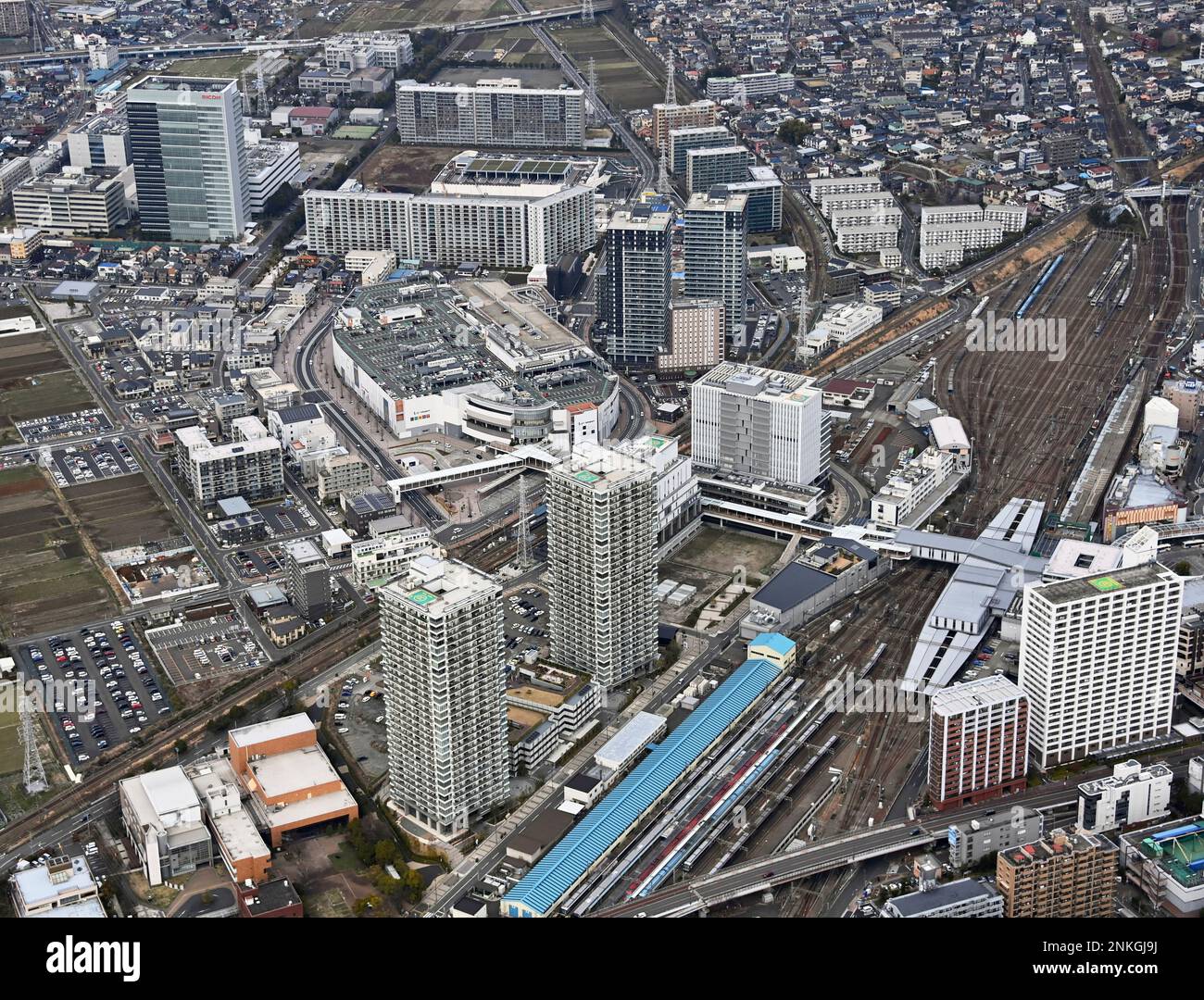 An aerial photo shows the Ebina Station in Ebina City, Kanagawa Prefecture on March 23, 2022 ...