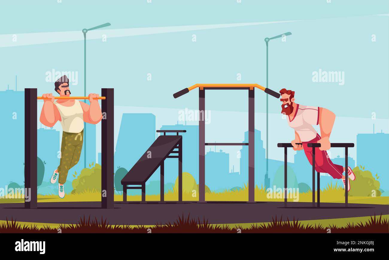 Cartoon workout concept with males doing sports training outdoors ...