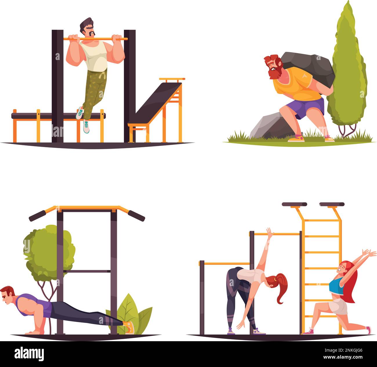 Outdoor sport cartoon composition set wit people working out outdoors ...