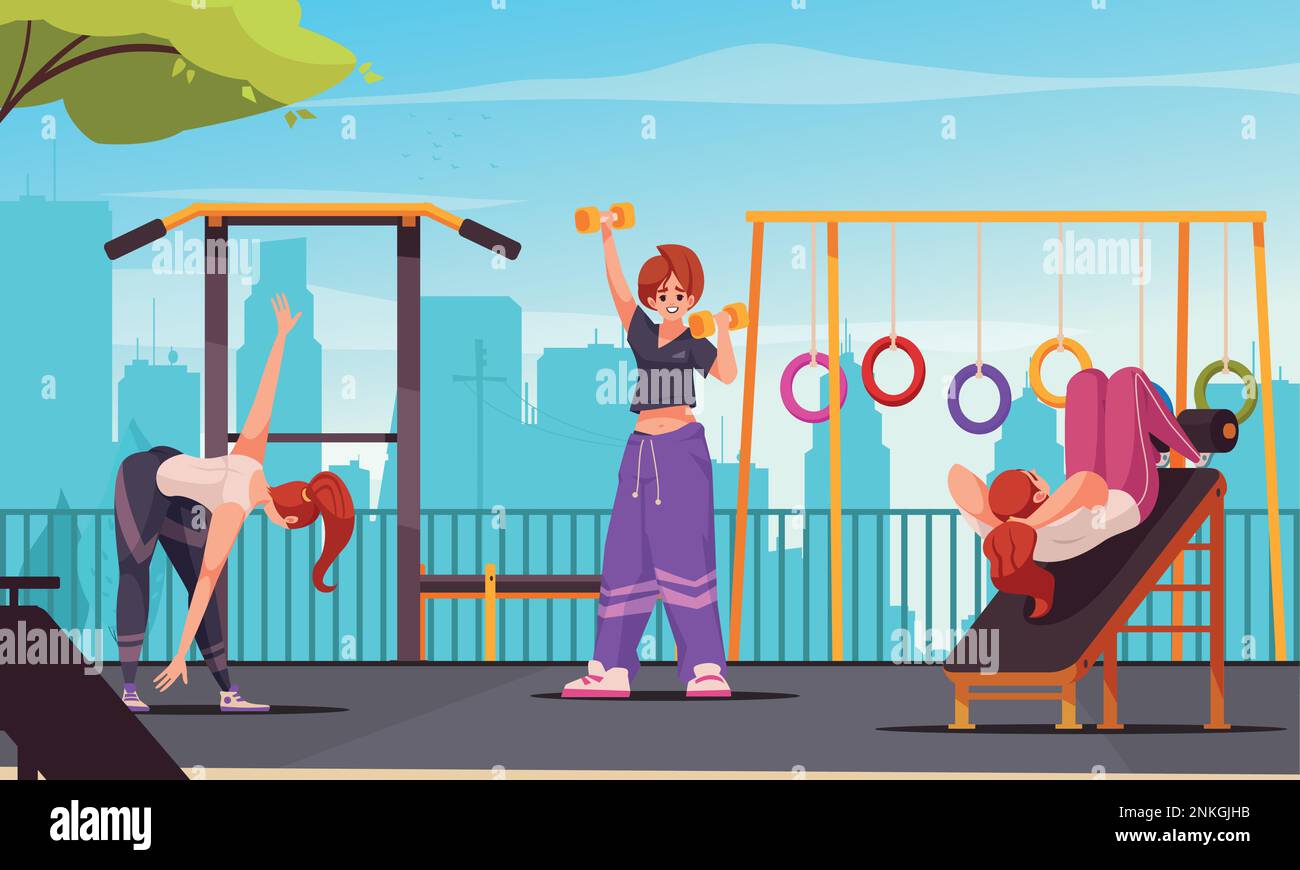 Workout cartoon concept with young women doing sports outdoors vector ...
