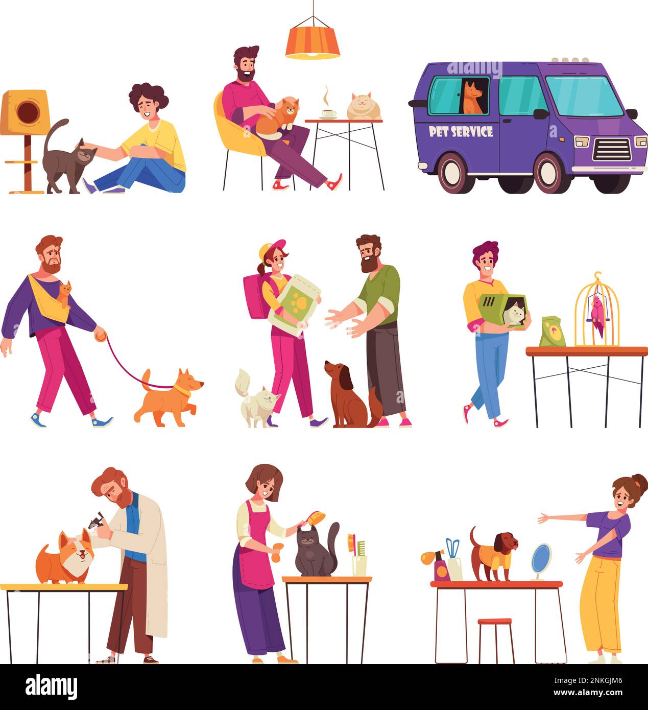 Pet service cartoon icons set with people taking care of cats and dogs ...