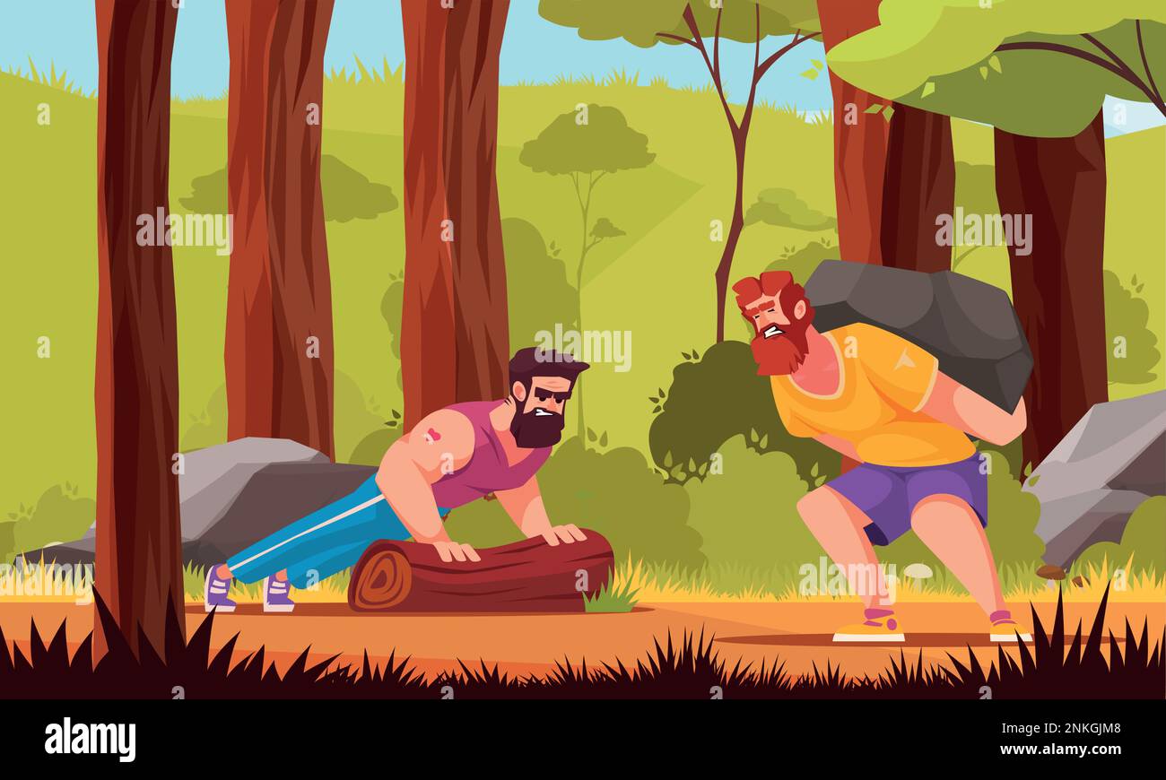 Workout cartoon poster with strong athletic men lifting weights ...