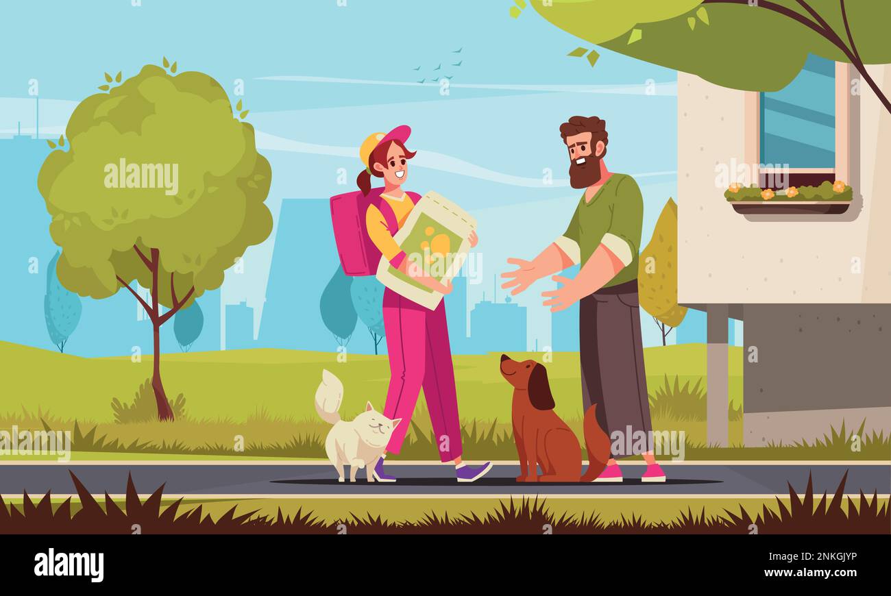 Pet service cartoon poster with courier delivering dog food vector ...