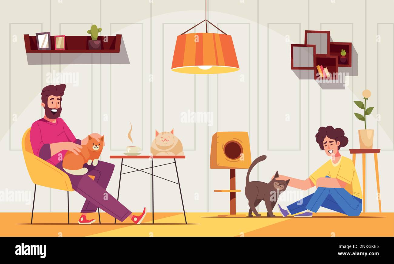 Cats cafe cartoon poster with people drinking coffee with pets vector ...