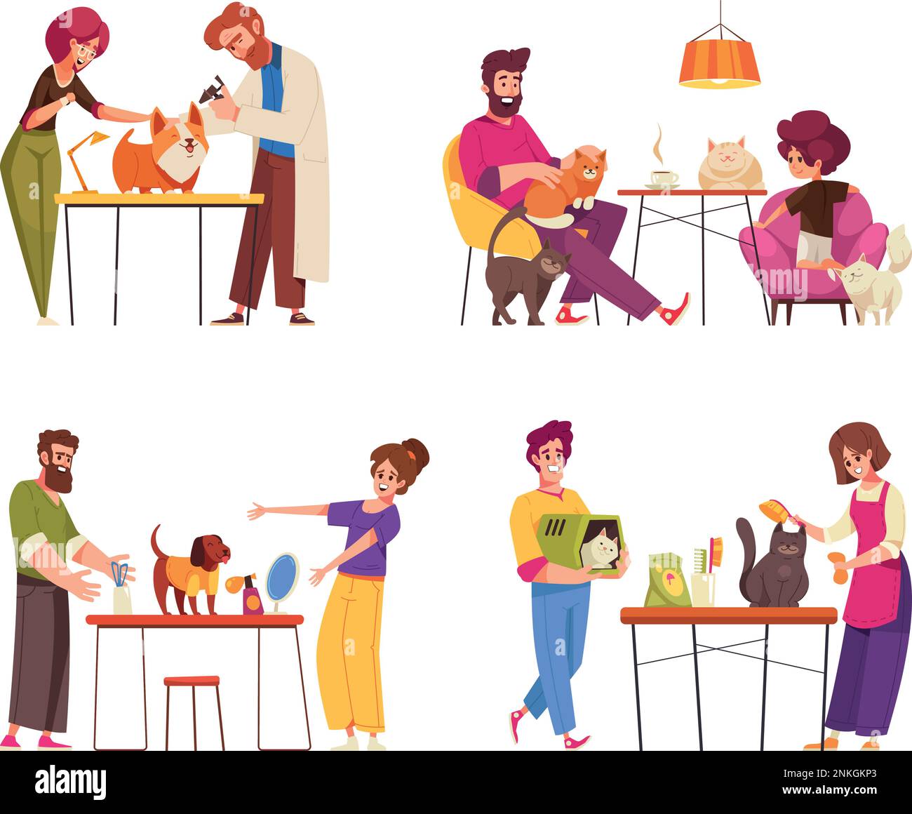Pet service cartoon compositions set with dog and cat grooming and ...
