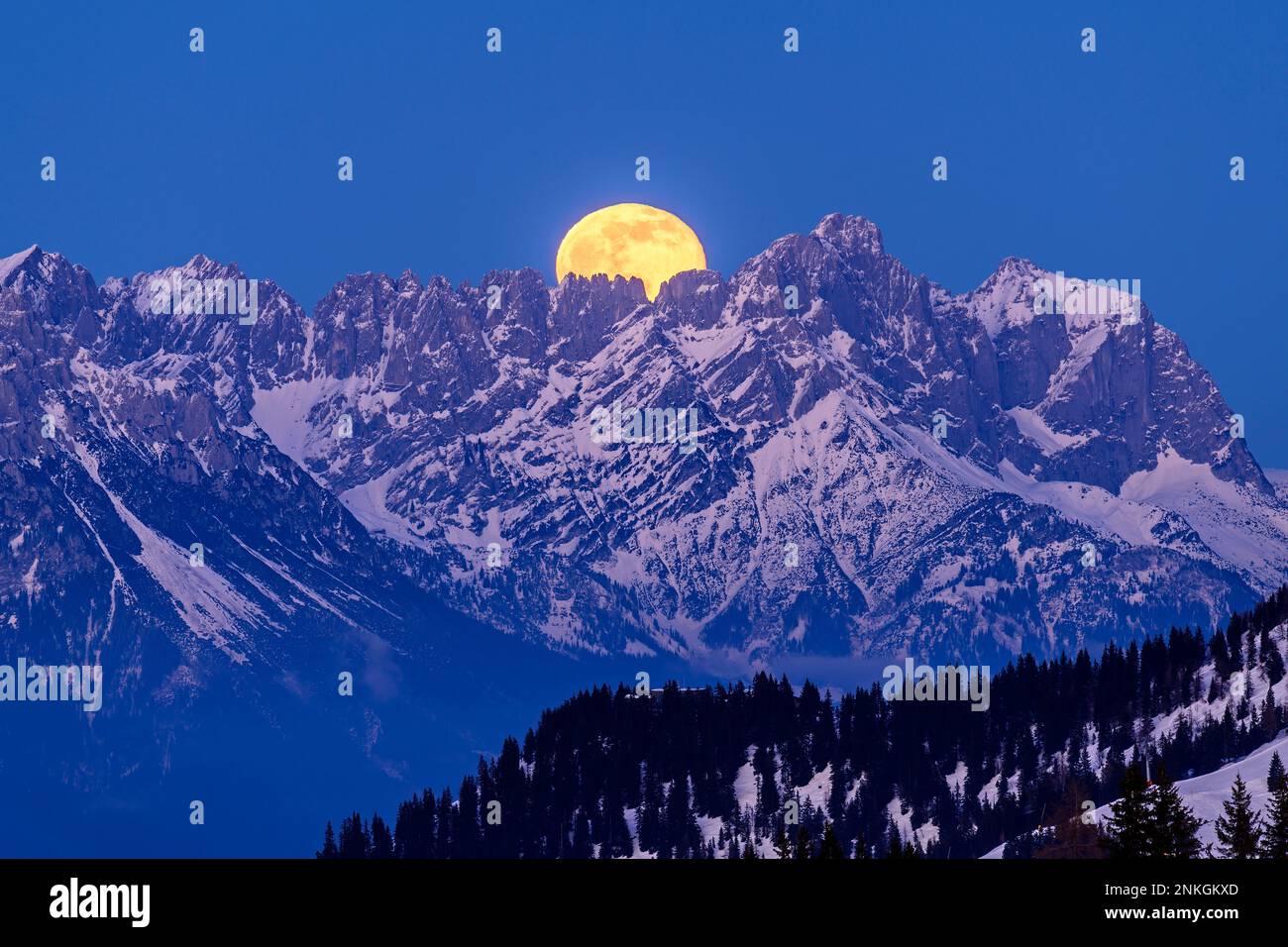 Austria, Tyrol, Yellow moon rising over Wiedersberger Horn at dusk ...