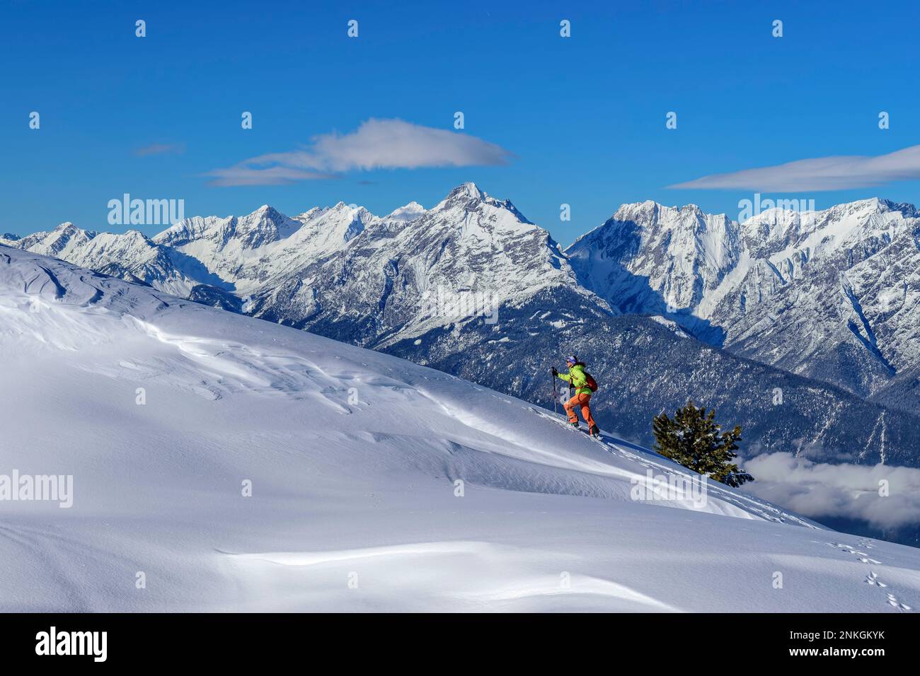 Austria, Tyrol, Female skier ascending snowcapped slope in Tux Alps ...