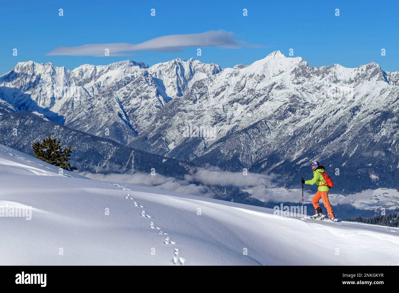 Female skier ascending snowcapped slope tux alps hi-res stock ...