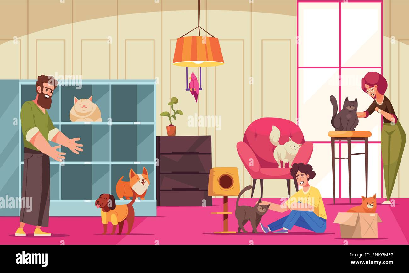 Pet hotel cartoon poster with cats and dogs indoors vector illustration ...