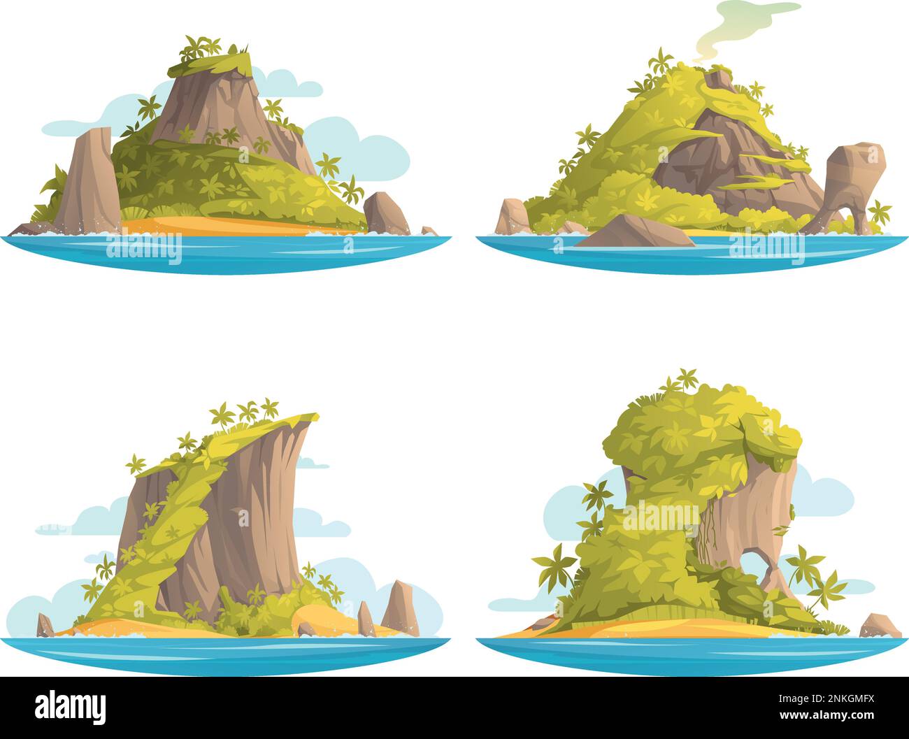 Tropical island cartoon landscapes set with abundant forests isolated ...
