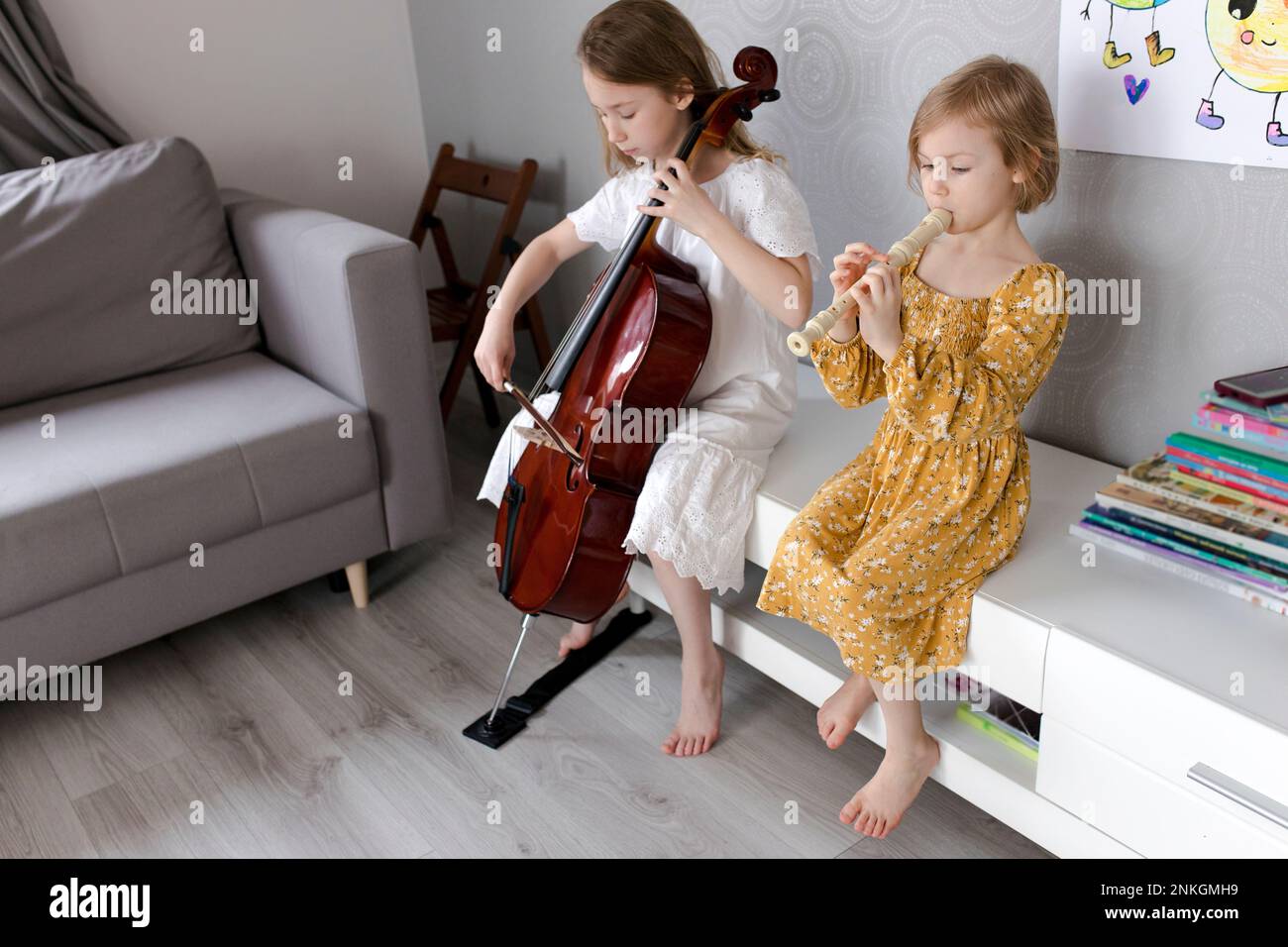 Sisters playing musical instruments at home Stock Photo - Alamy