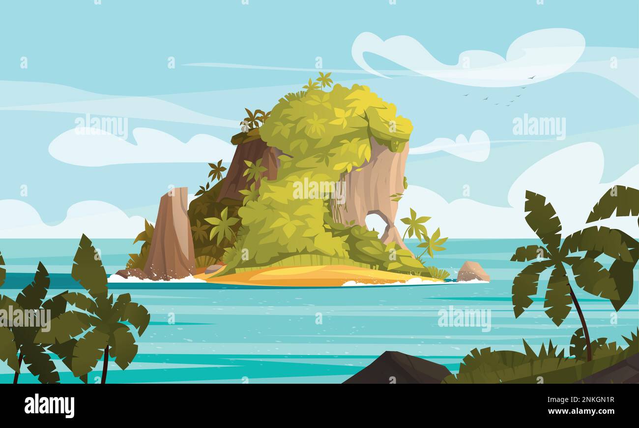 Tropical island cartoon concept with stone land covered with forest ...