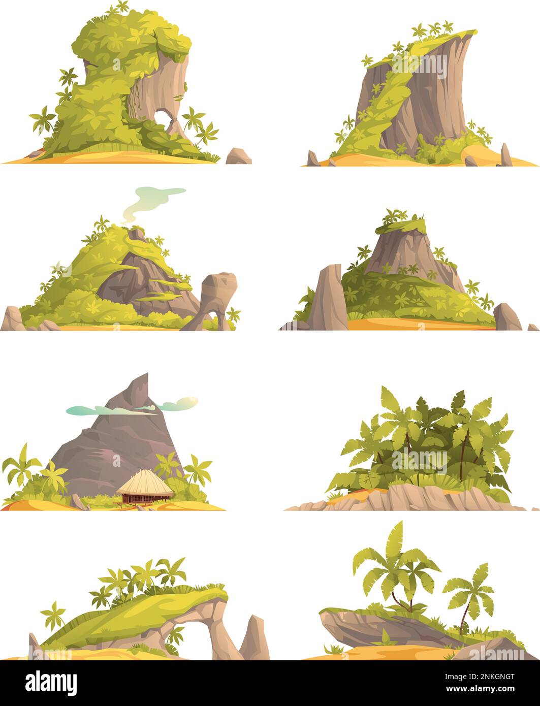 Tropical island cartoon icons set with rocky forest isolated vector ...