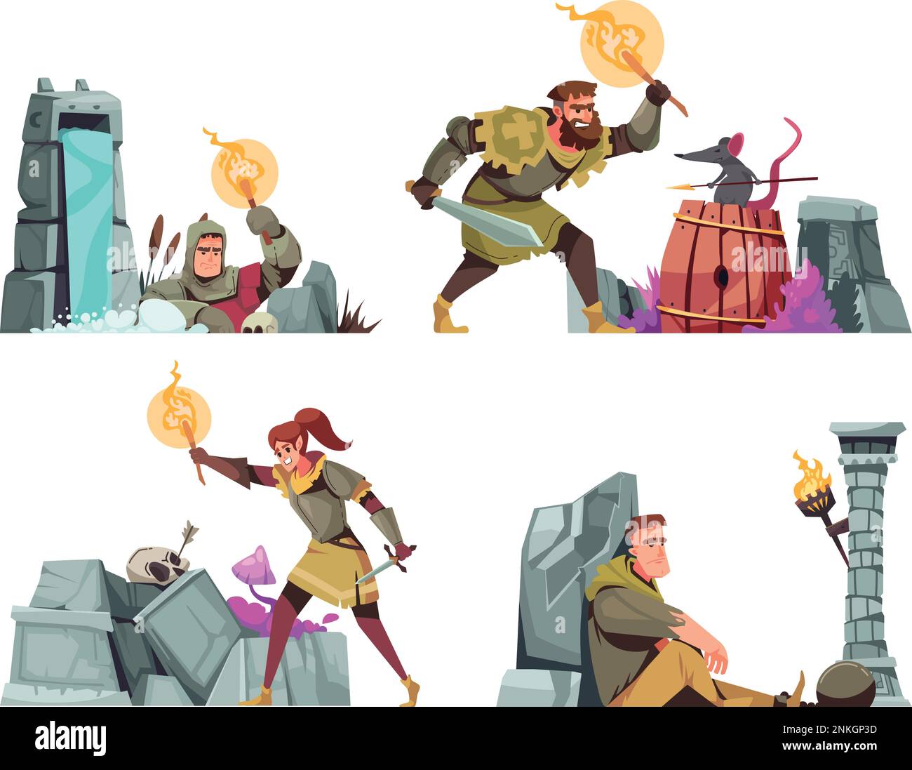 Dungeon cartoon composition set with men and women in ancient clothing ...