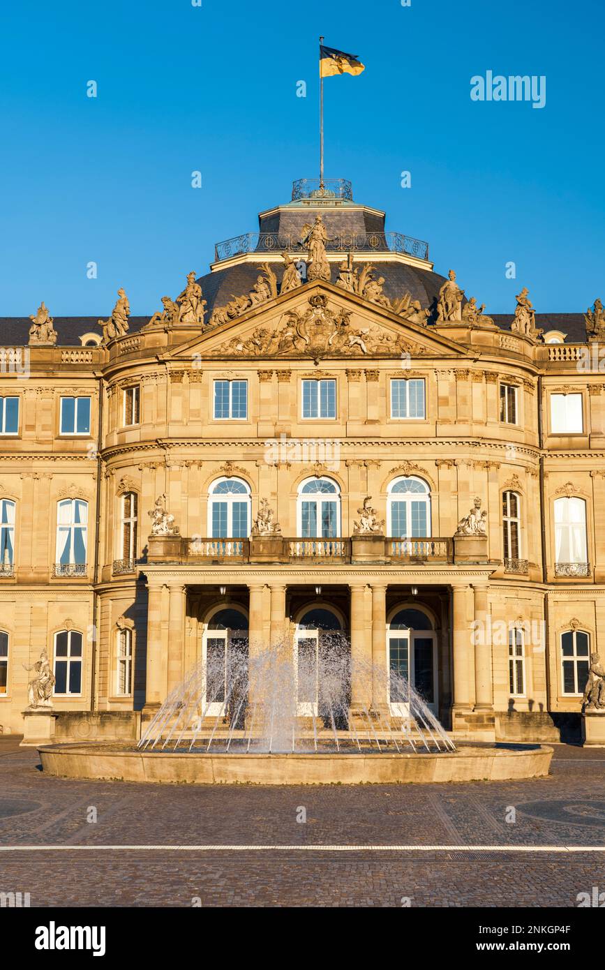 New Palace with fountain under blue sky, Stuttgart, Germany Stock Photo ...