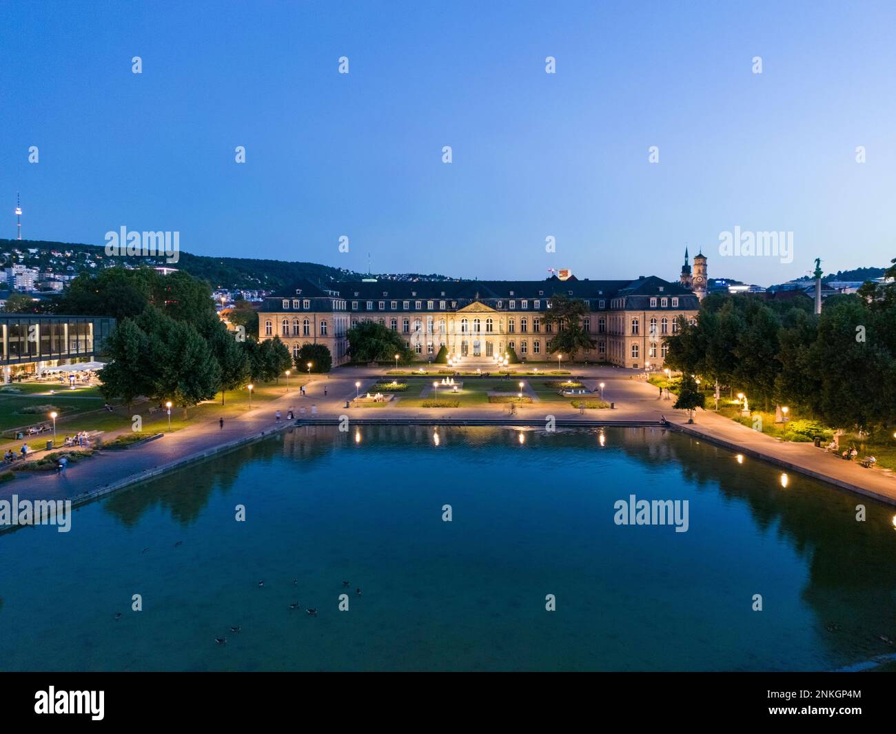 New Palace in front of Eckensee lake at night, Stuttgart, Germany Stock ...