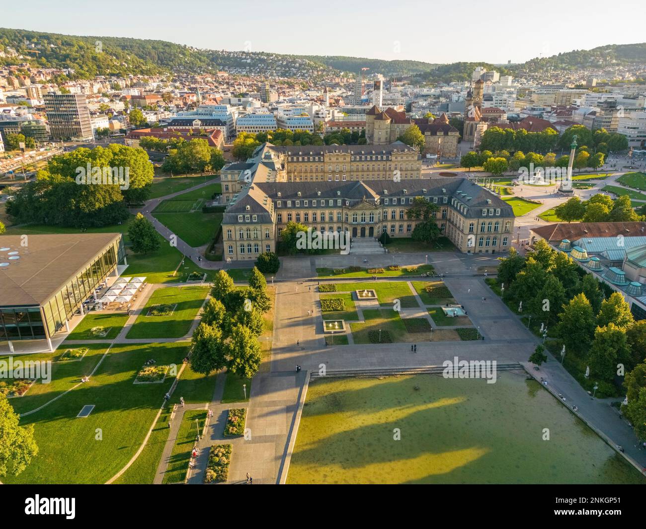 Drone view of New Palace with Eckensee Lake on sunny day, Stuttgart ...