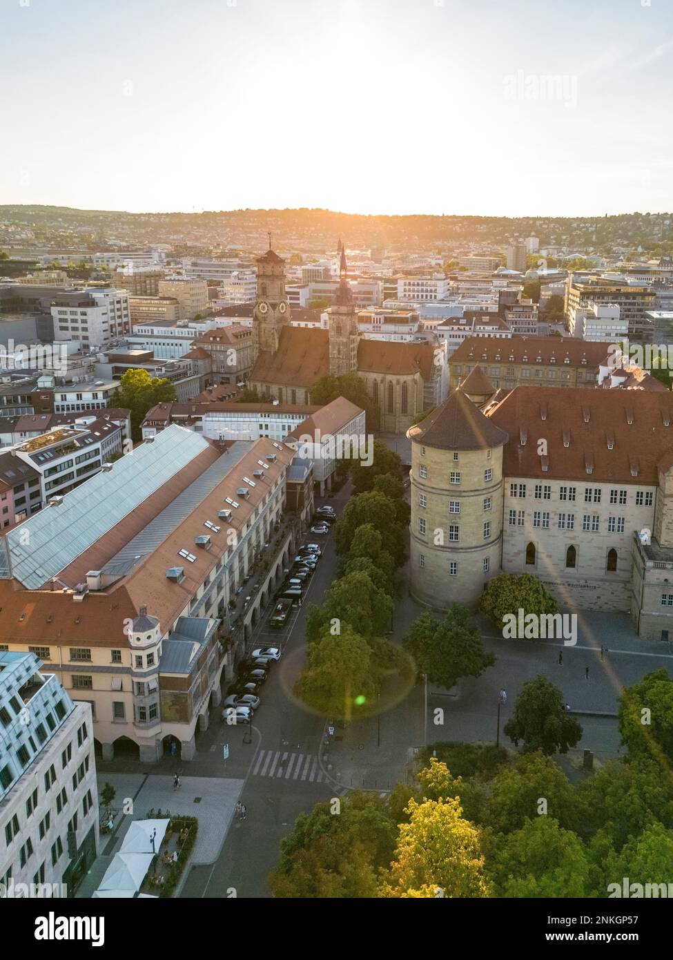 Drone view of old castle and Stiftskirche church, Stuttgart, Germany ...