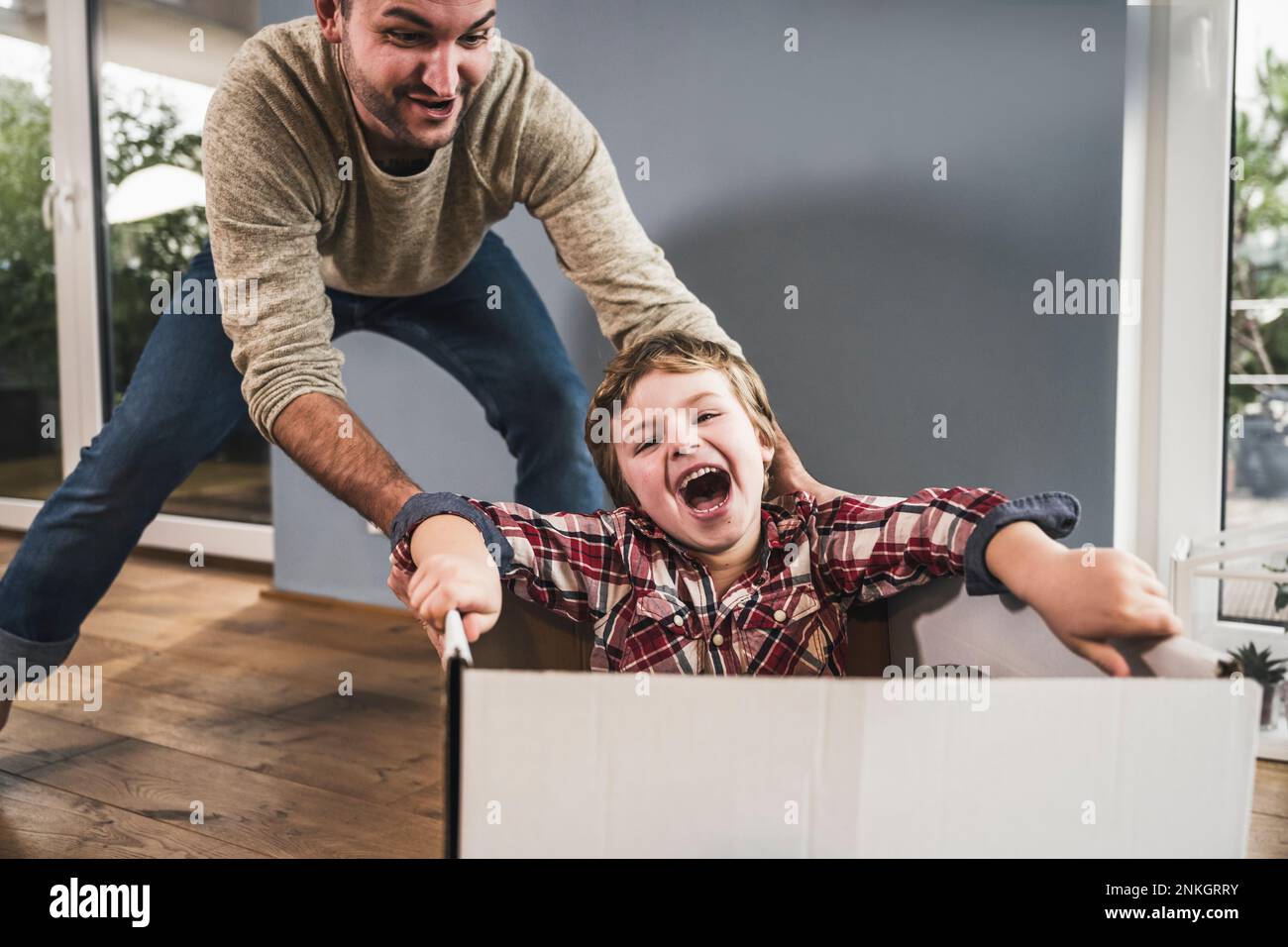Cheerful boy with father pushing cardboard box and enjoying at home ...