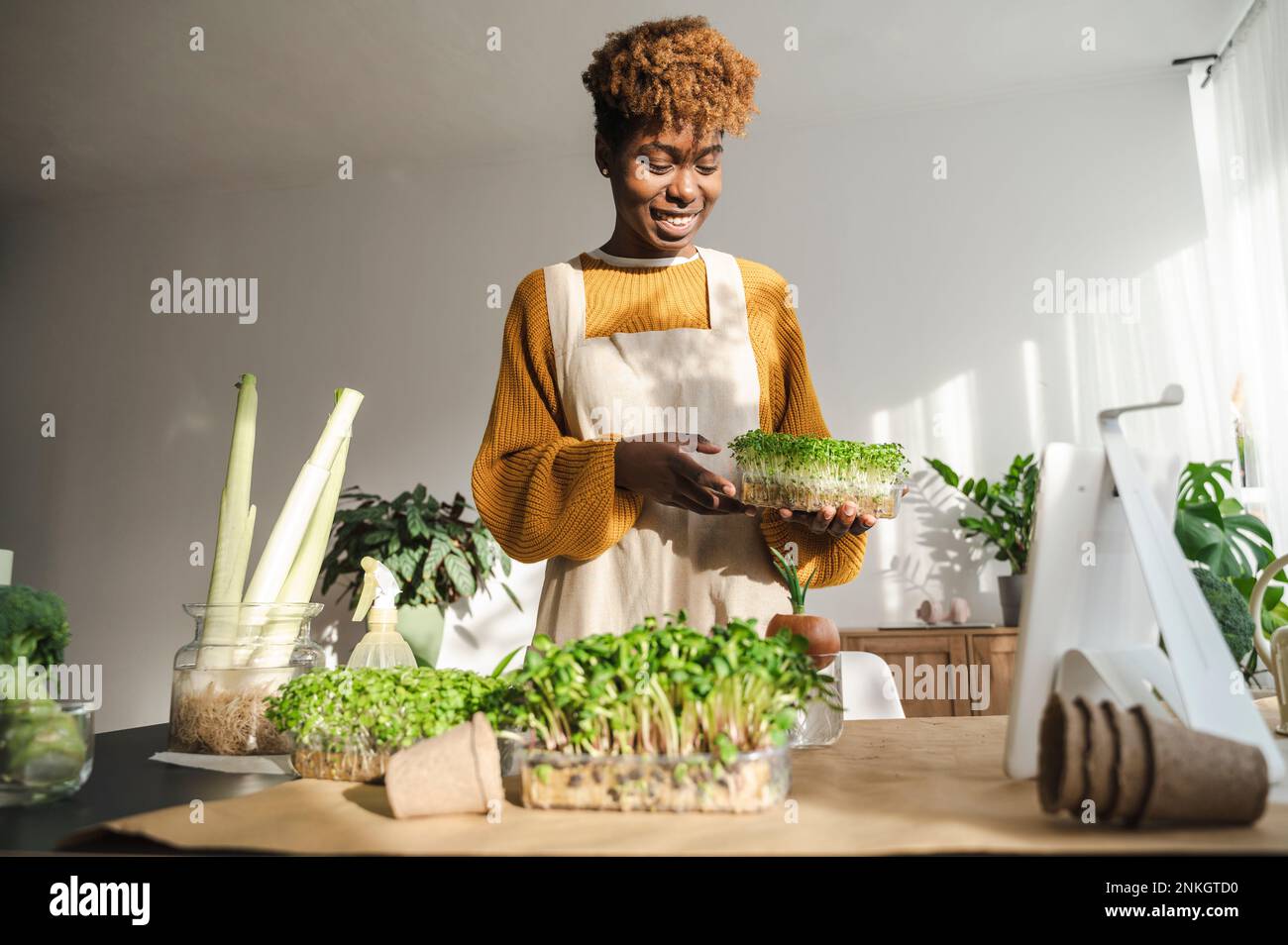 Happy blogger with small vegetables filming through tablet PC Stock ...