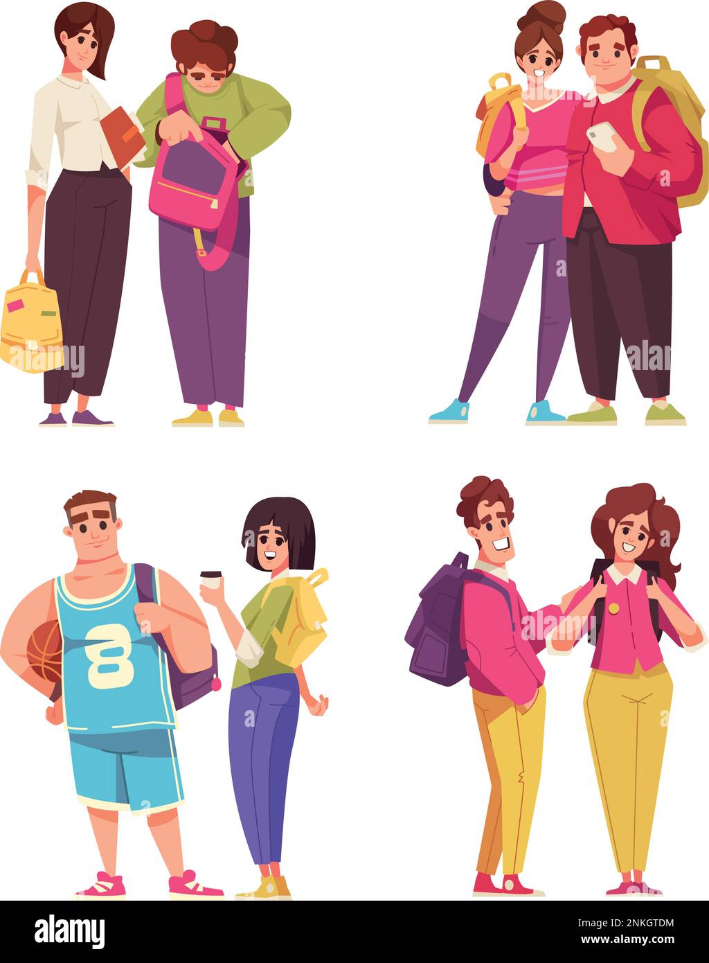 Standing studens with backpacks cartoon composition set isolated vector ...