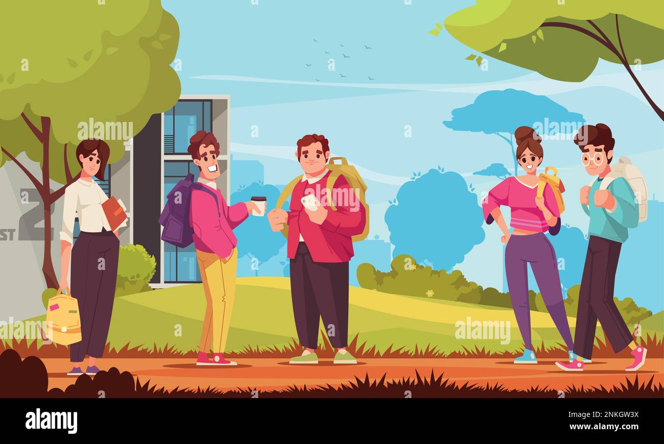 Students with backpacks cartoon poster in front of college vector ...