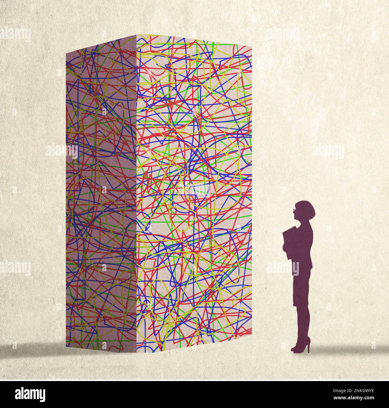 Illustration of businesswoman standing in front of tangled block ...