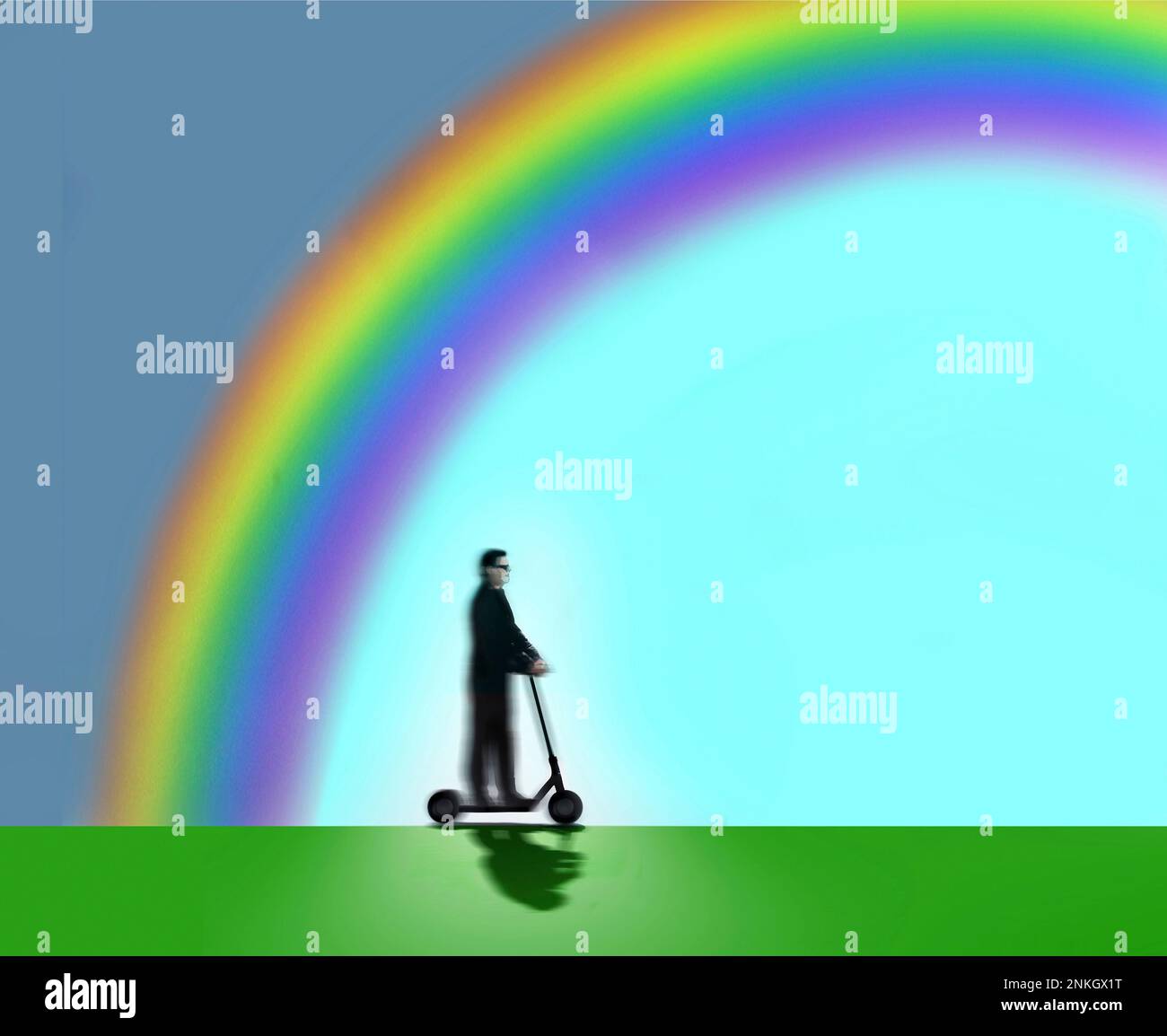 Illustration of rainbow arching over man riding electric push scooter ...