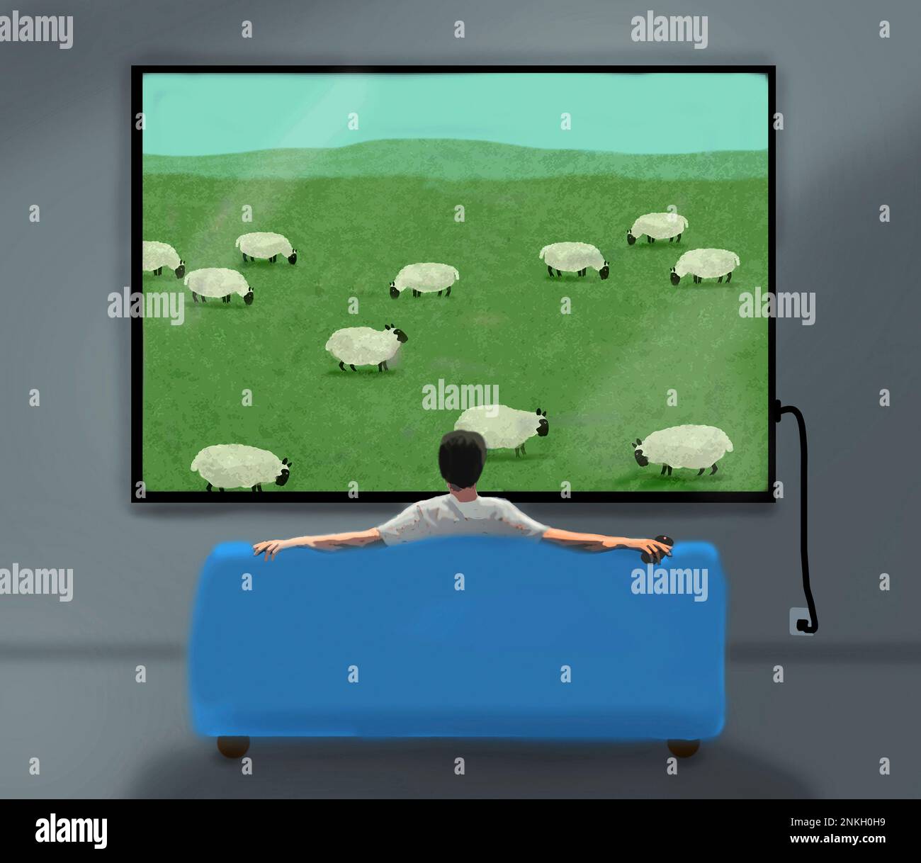 Illustration of man watching TV program depicting flock of grazing ...
