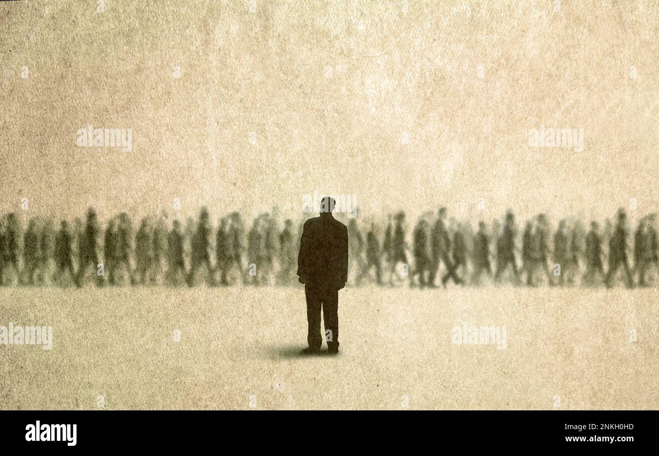 Illustration of man looking at passing crowd of people Stock Photo - Alamy