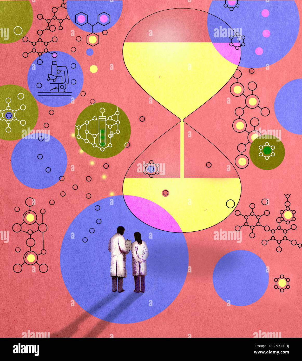 Illustration of two scientists talking under floating circles and ...