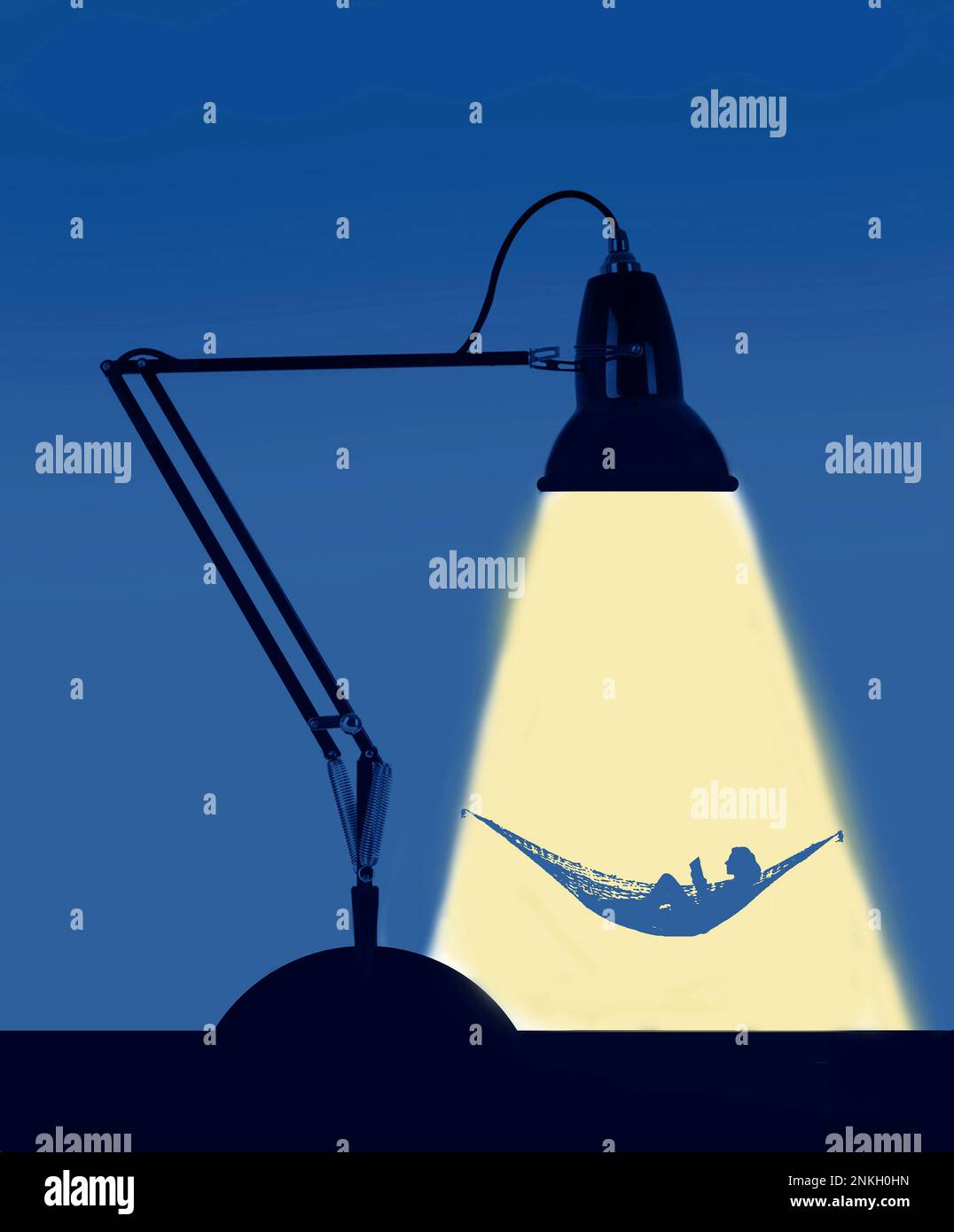 Illustration of woman relaxing in hammock under light of giant desk ...