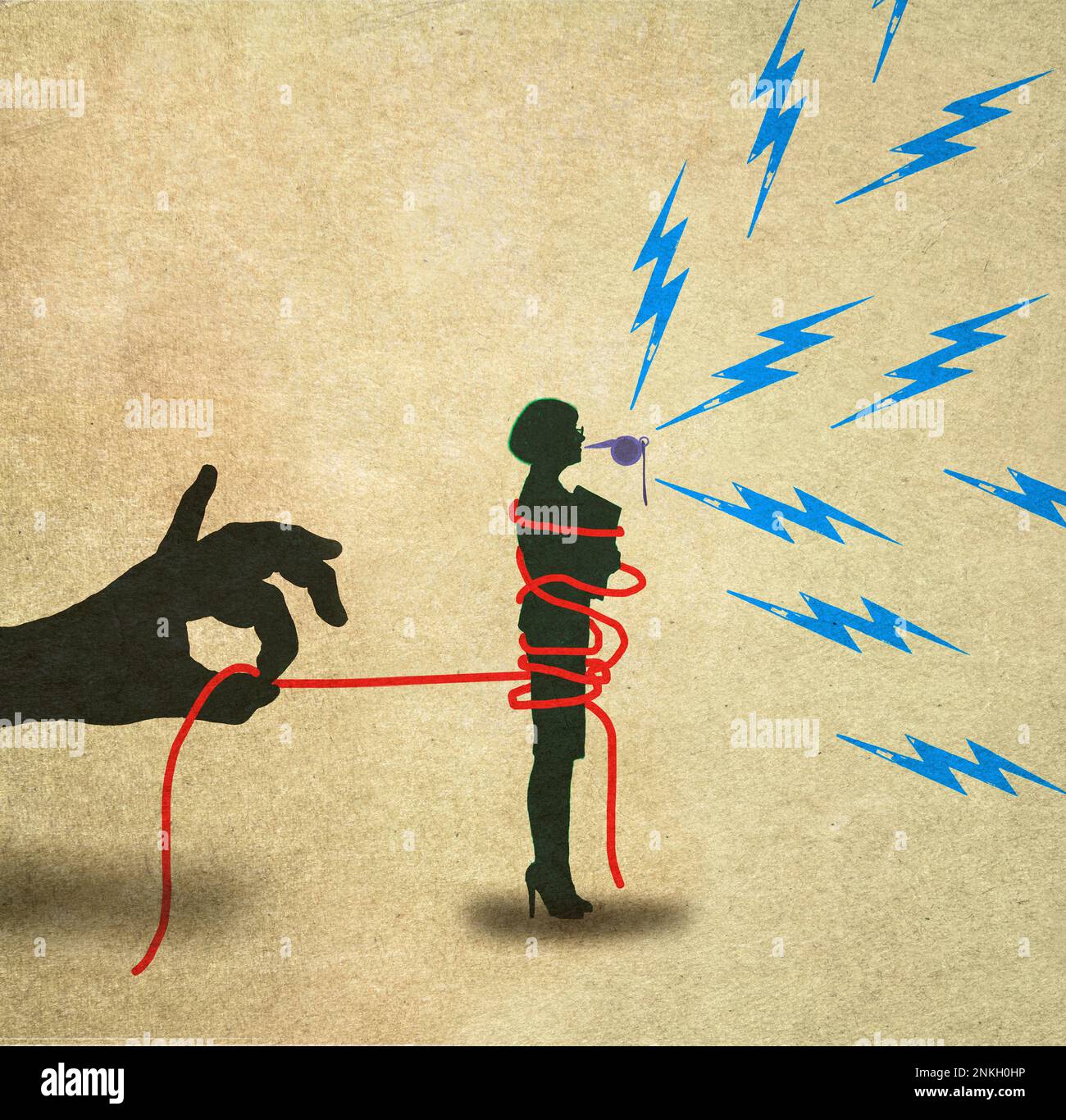 Illustration of hand holding rope restricting female whistleblower ...
