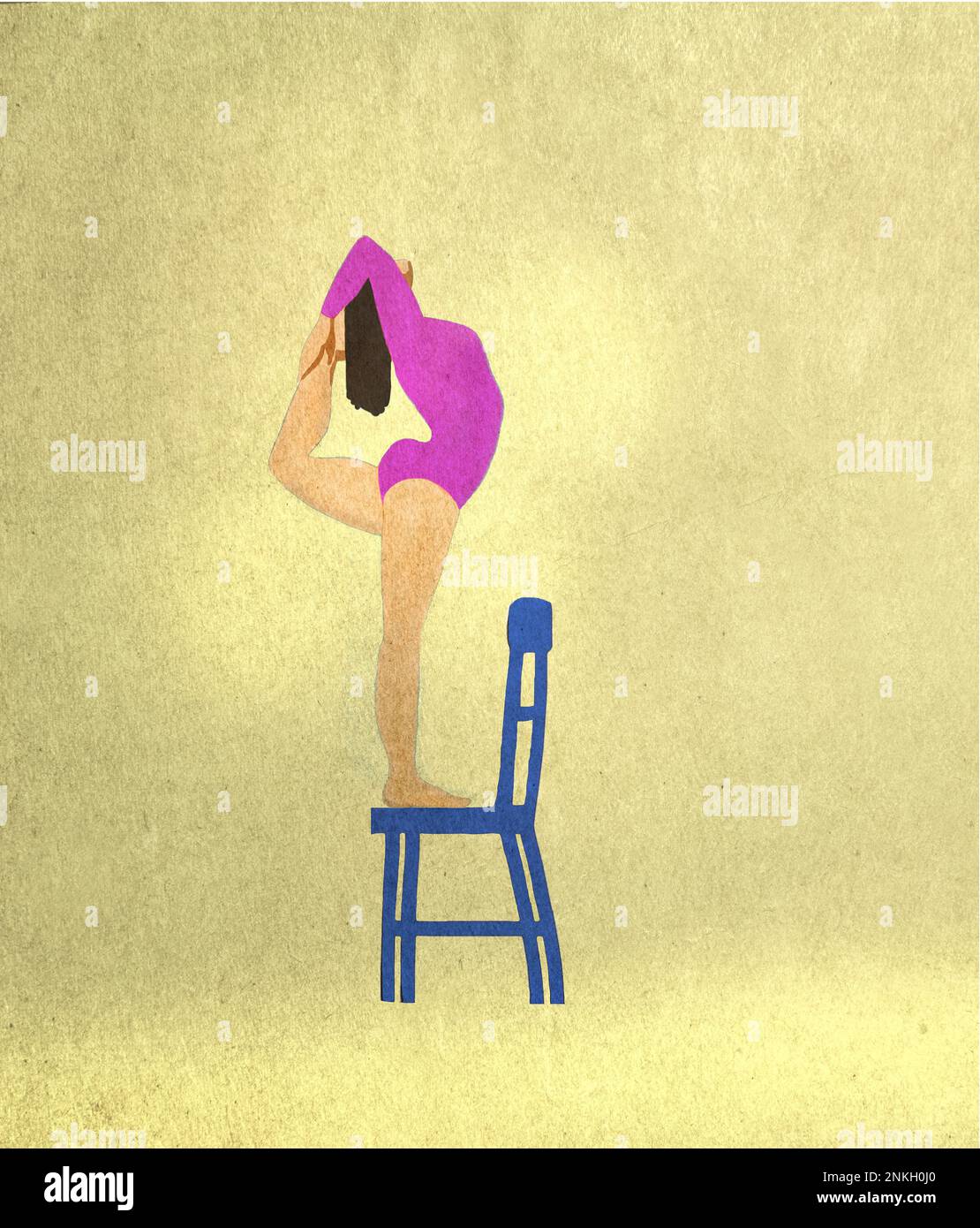 Illustration of woman practicing yoga in top of chair Stock Photo - Alamy