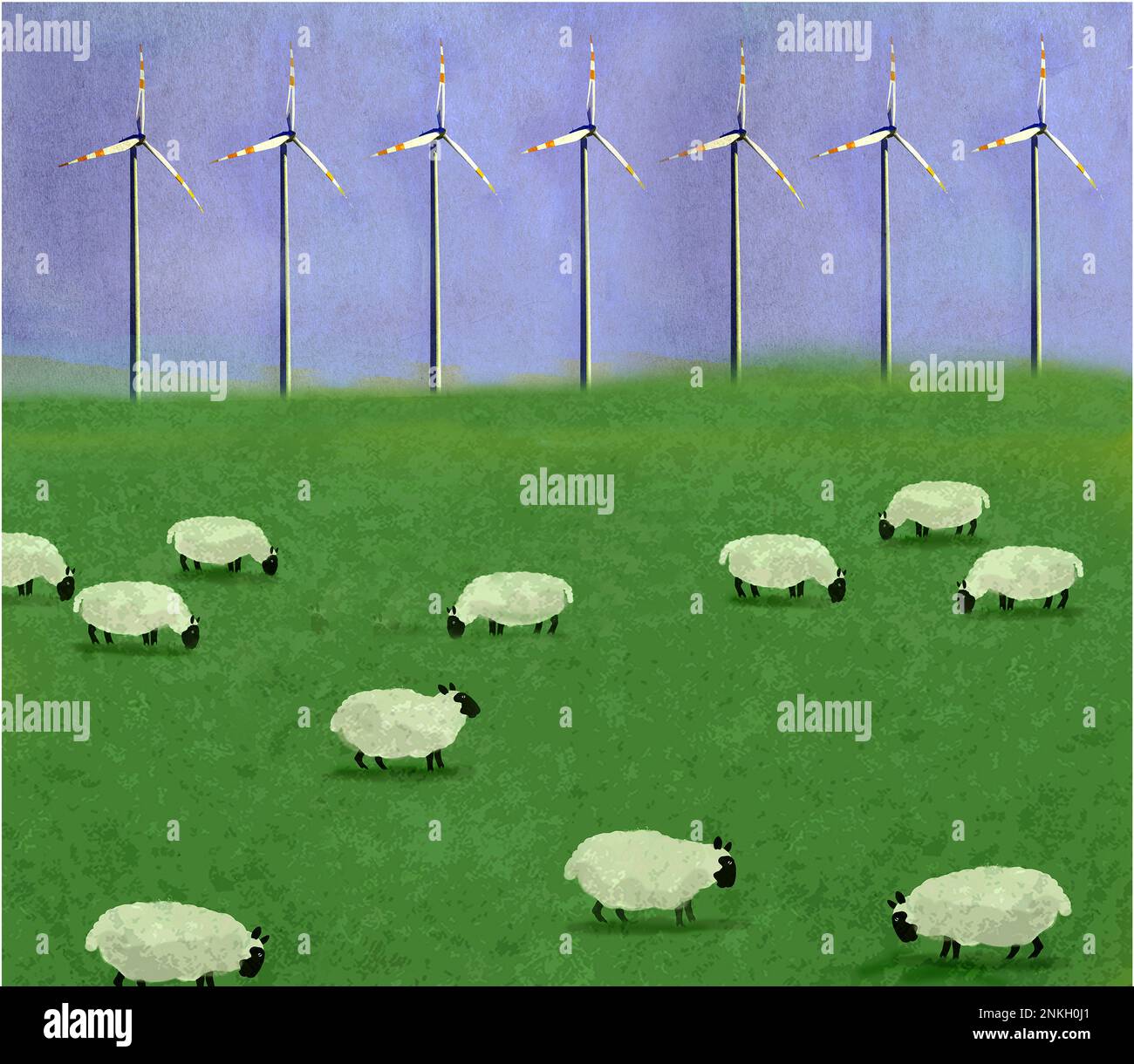 Illustration of flock of sheep grazing in green meadow with row of wind ...