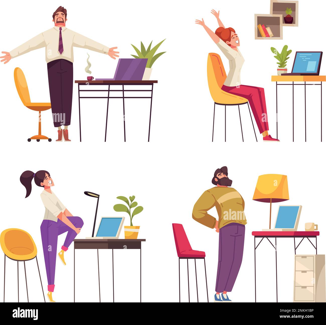 Workplace streches cartoon icons set with people having physical ...
