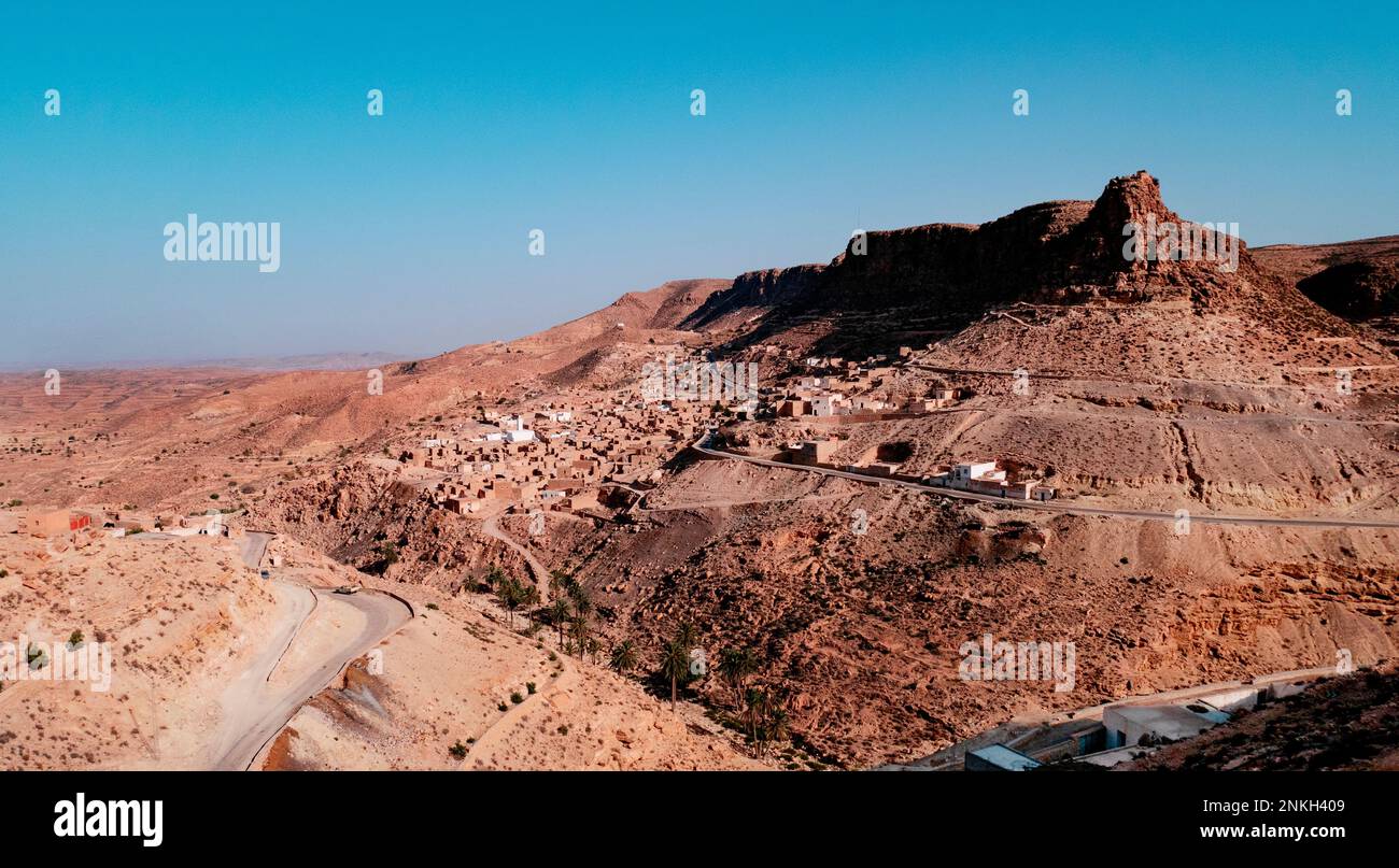 Tunisia, Tataouine, Chenini, Panoramic view of desert village Stock ...