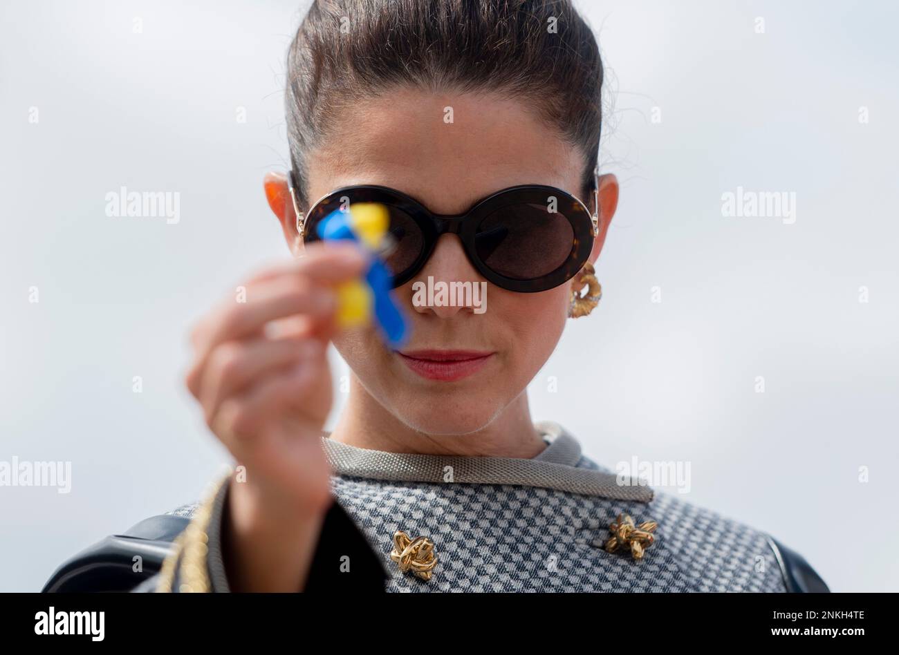 Actress Juana Acosta, poses for Europa Press with a Ukrainian flag, at ...