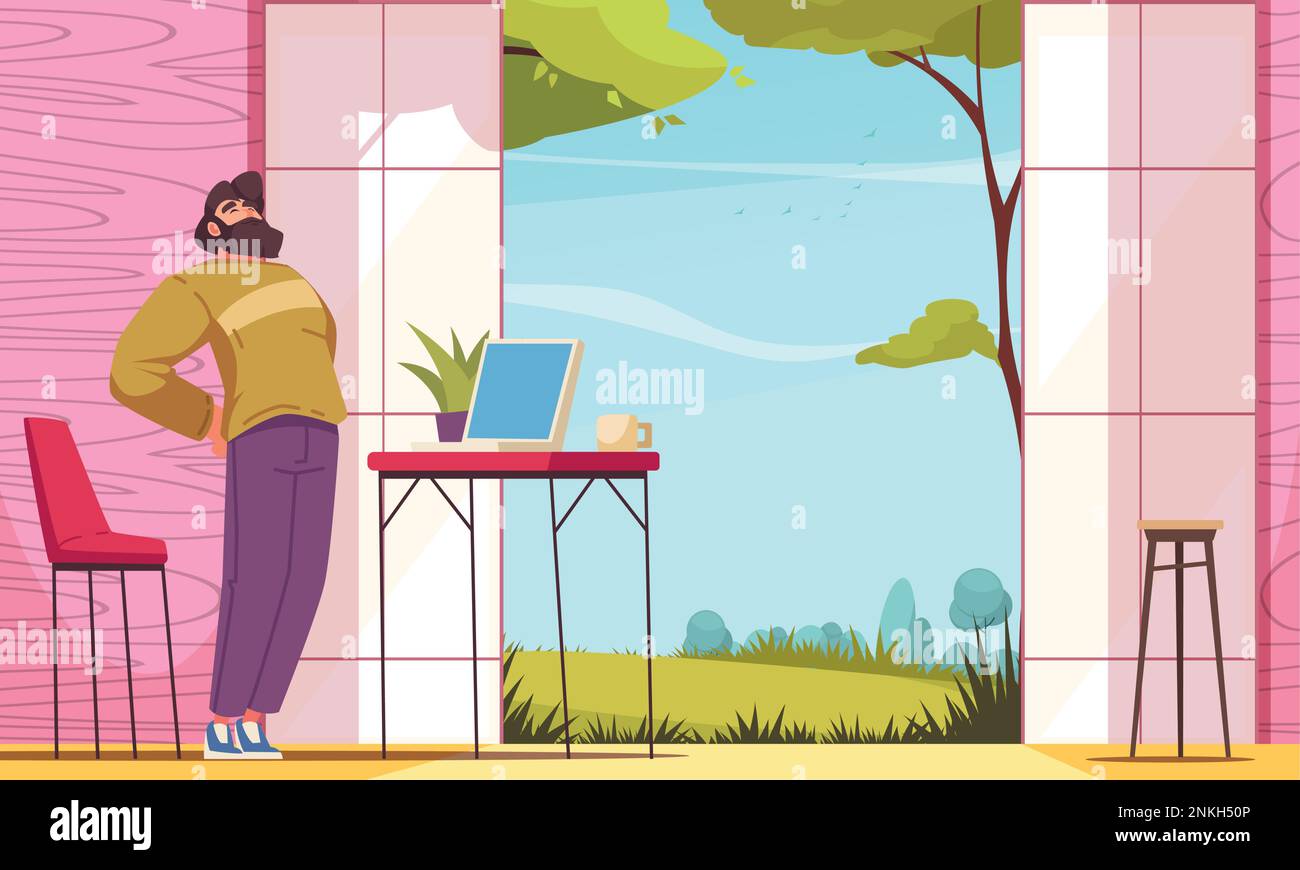 Workplace stretches cartoon poster with man in home office vector ...