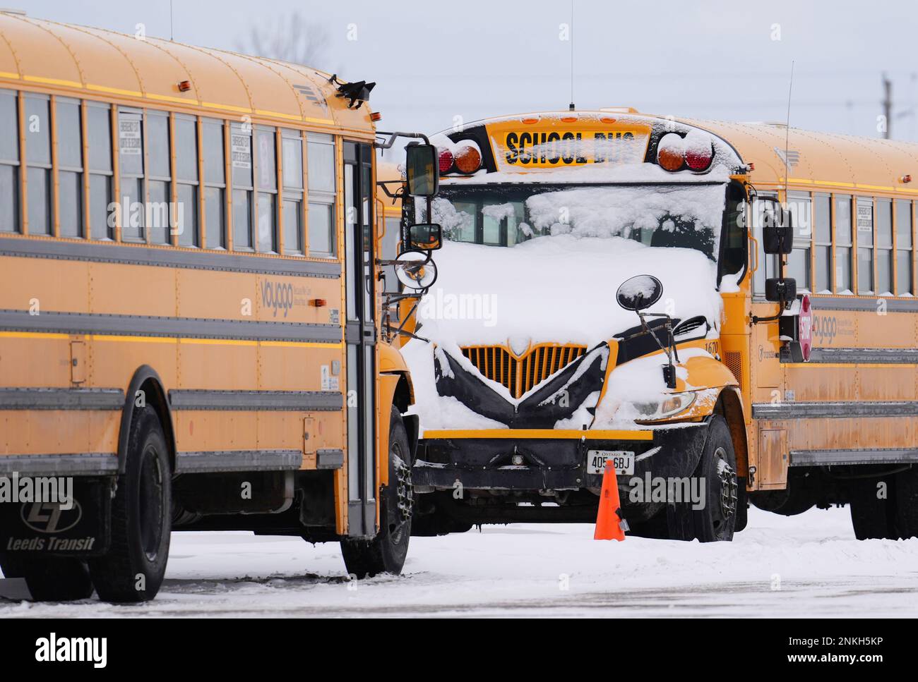 Snow covered school buses are seen in a lot in Ottawa on Thursday, Feb ...