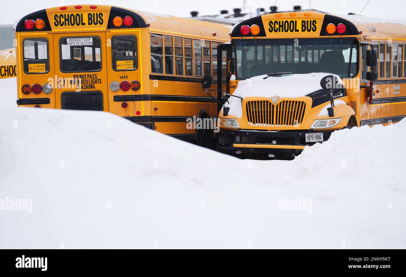Snow covered school buses are seen in a lot in Ottawa on Thursday, Feb ...
