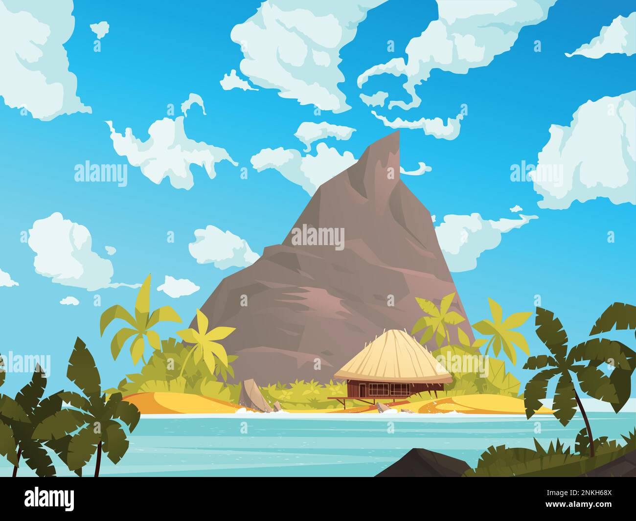 Tropical island landscape cartoon poster with palms and mountain vector ...