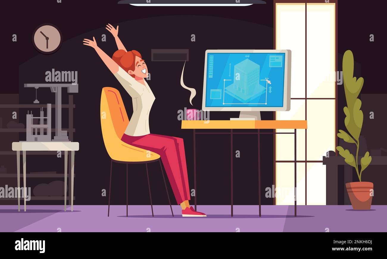 Workplace stretches cartoon poster with woman at desktop vector ...