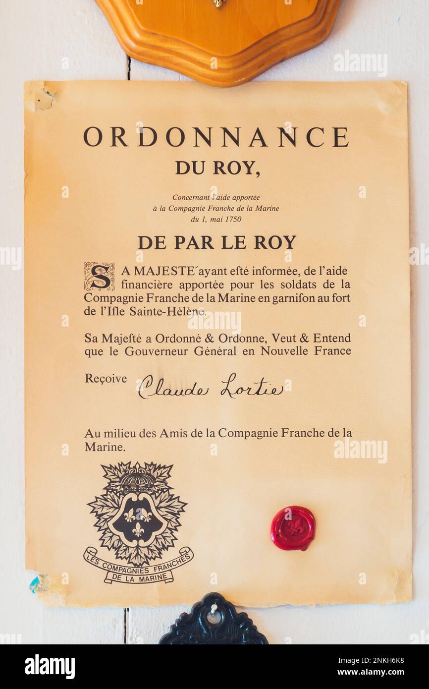 Reproduction of a 1750 French regime historical document displayed on ...