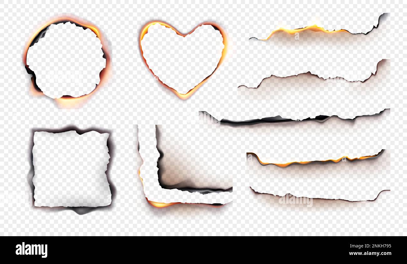 Burned paper realistic set with isolated stripes and holes of burnt ...
