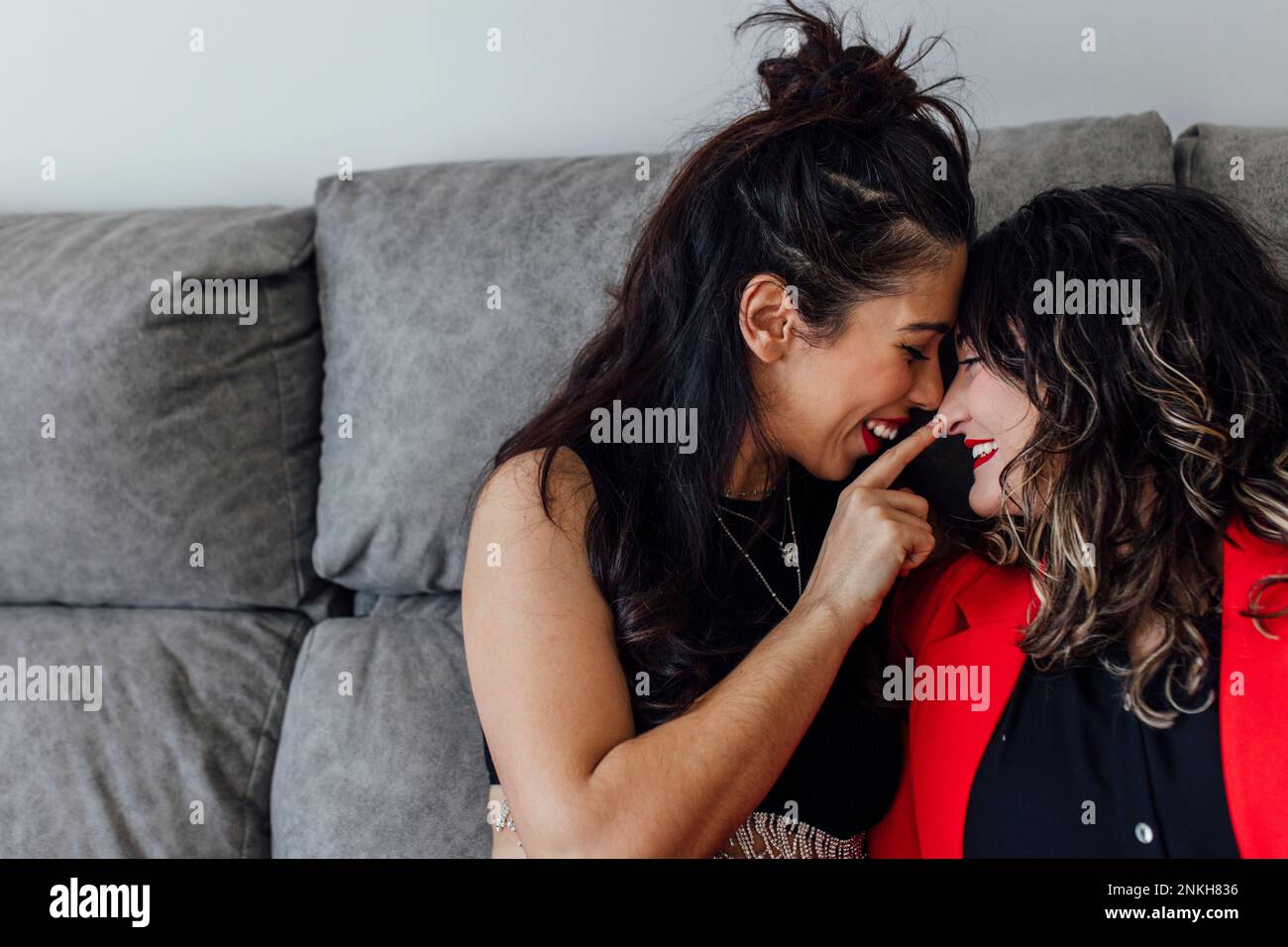 Happy bisexual woman touching girlfriend's nose at home Stock Photo - Alamy