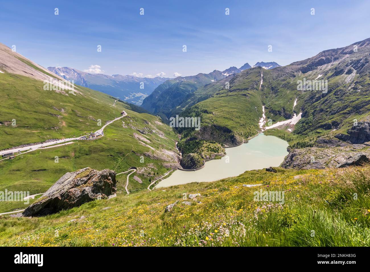 Austria, Carinthia, View of Margaritze Reservoir along Grossglockner ...