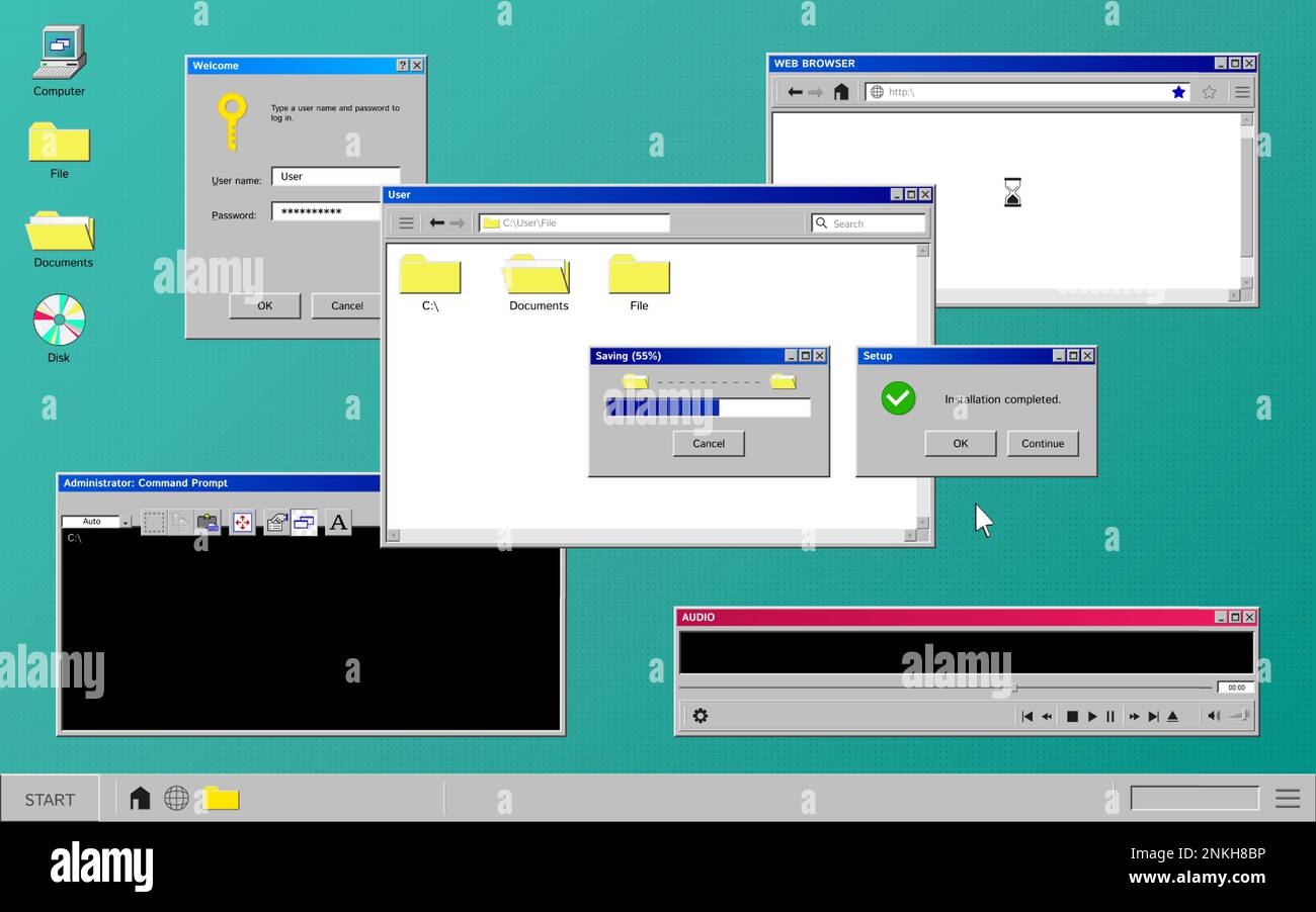 Old program composition with set of computer windows on retro desktop ...
